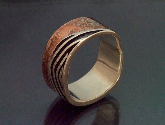 Wide Mokume Silver Rounded Square Ring 10mm width Mens | Etsy