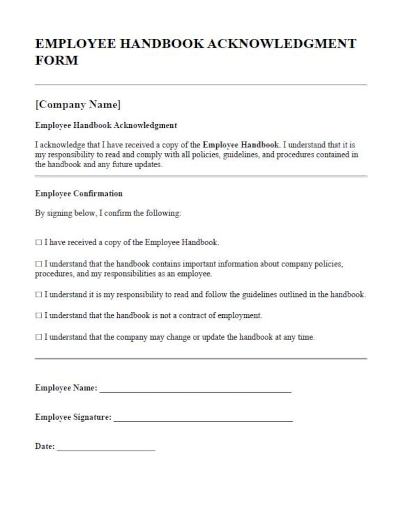 Employee Handbook Acknowledgment Form - Etsy