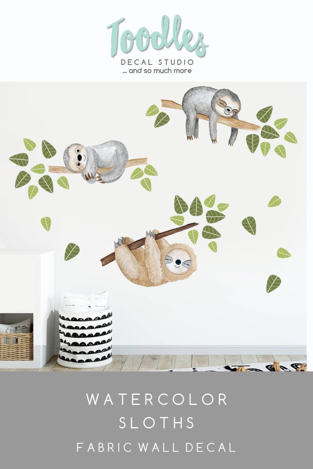 Baby SLOTH Wall Decal Watercolor Fabric Stickers Sloth Nursery Decor ...