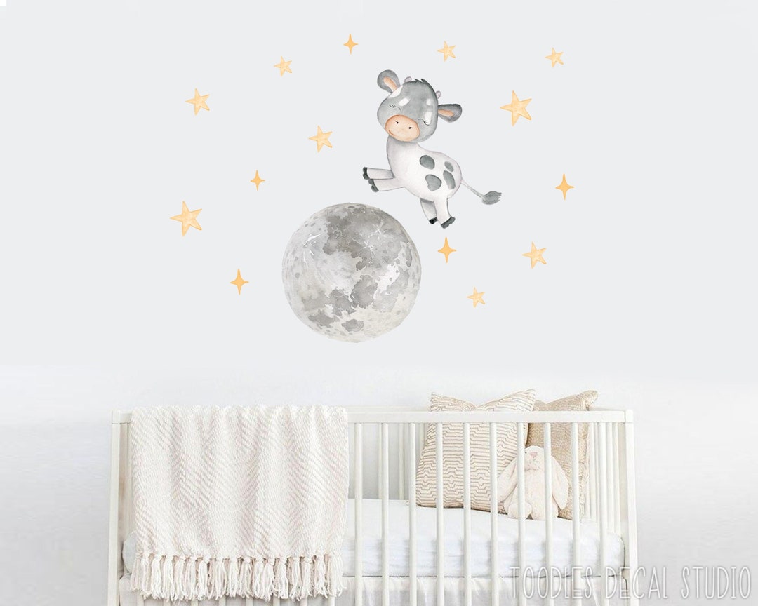 COW Fabric Decal Cow Jumped Over Moon Nursery Decor Watercolor Wall ...