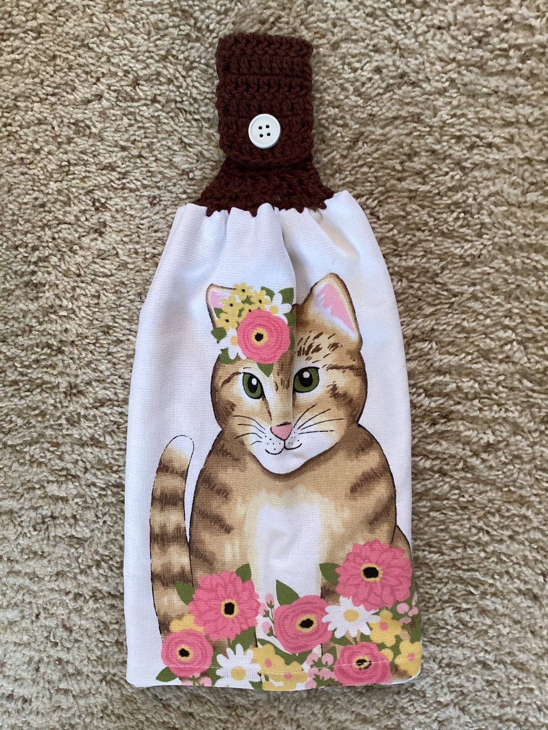Hanging Kitchen Towel Cat Pets Cat and Flowers Crochet Top Towel Double ...
