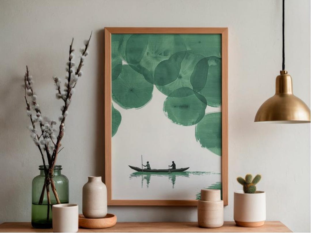 Sumi-e Zen Lotus Boat, Digital Wall Art, Minimalist Nature Print for ...
