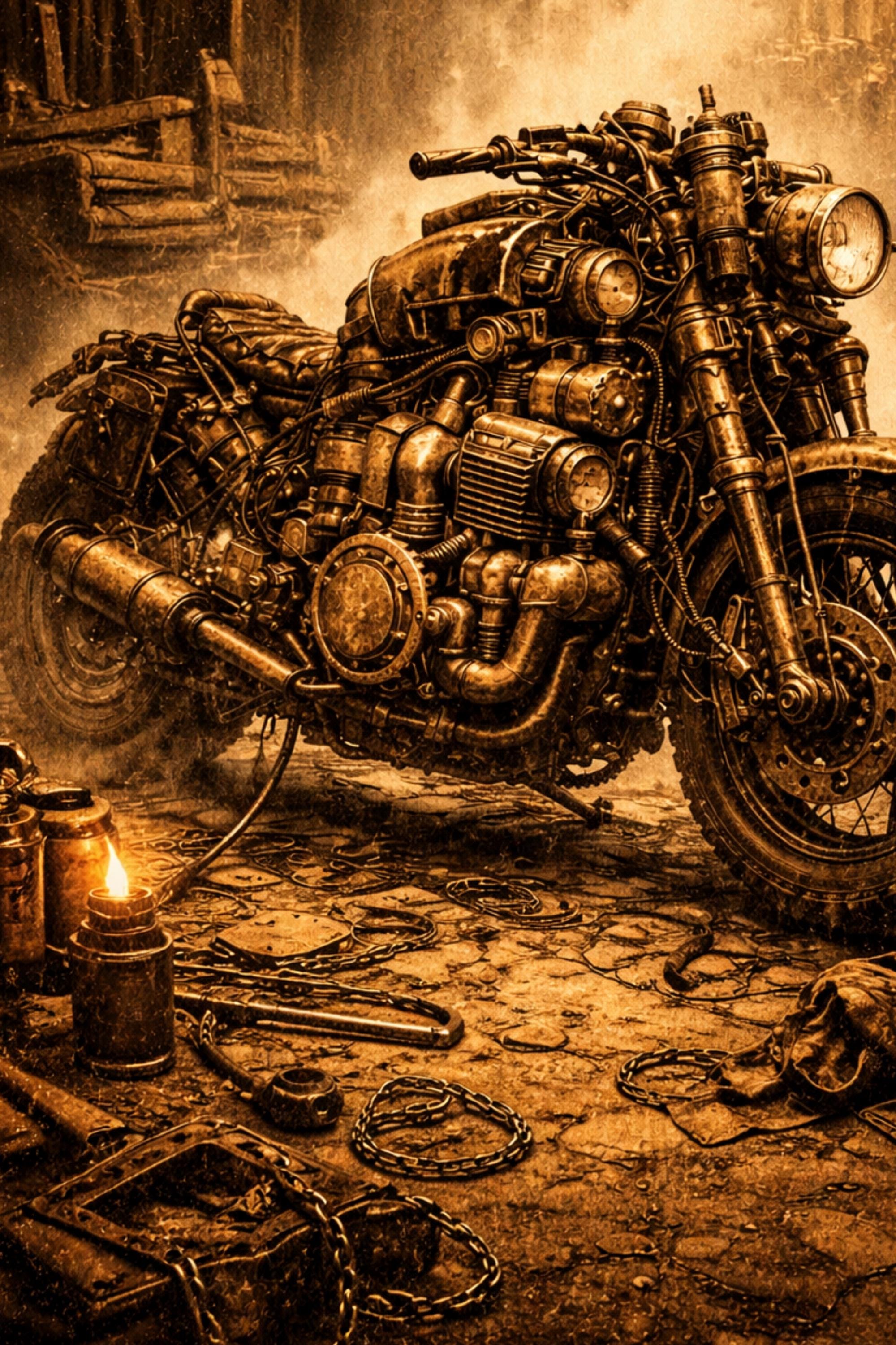 The Core Steampunk Motorcycle Poster – Scrap Built Engine Art ...