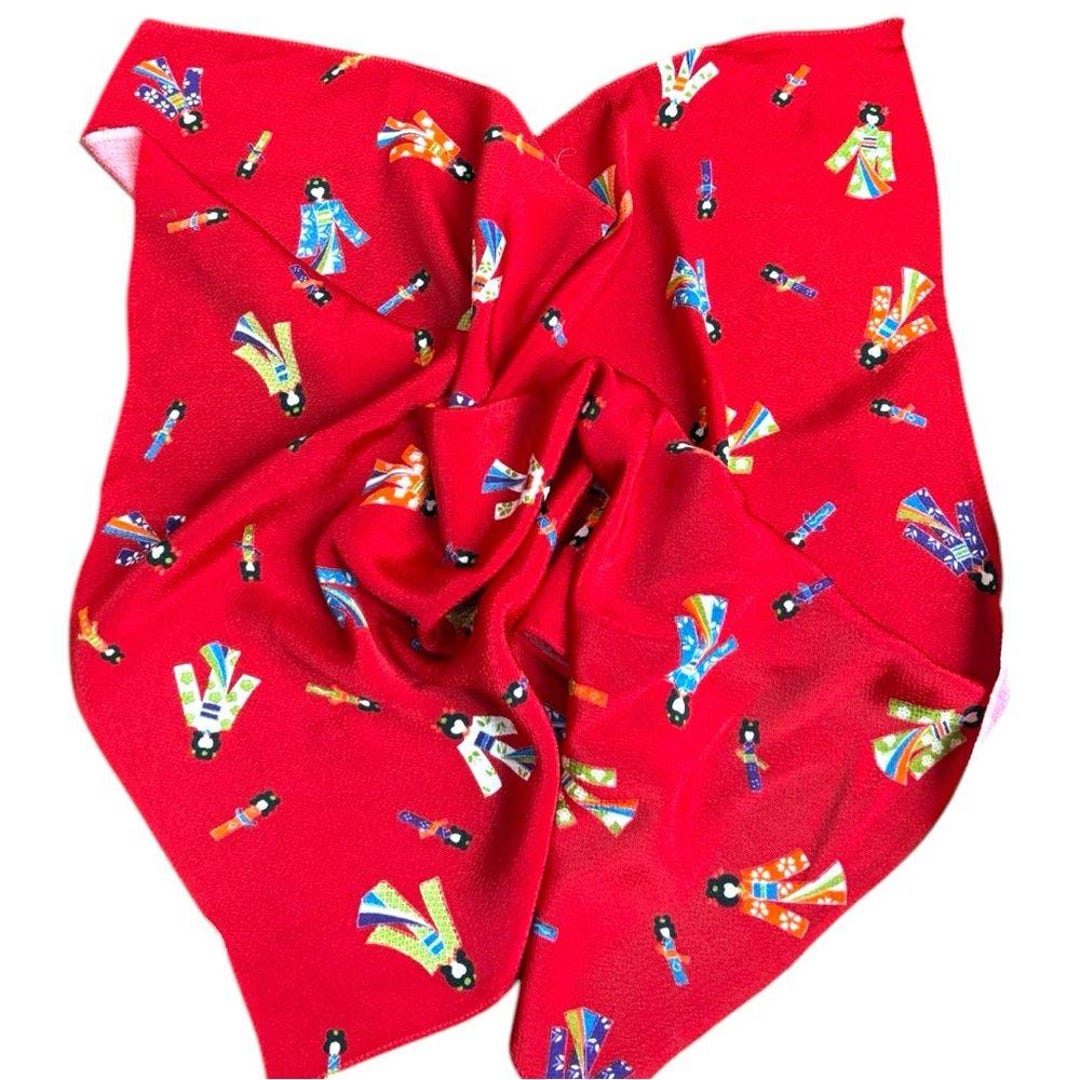 Japanese Crepe Fabric Geisha Print Scarf, Awa Chirimen Red Rayon Scarf ...