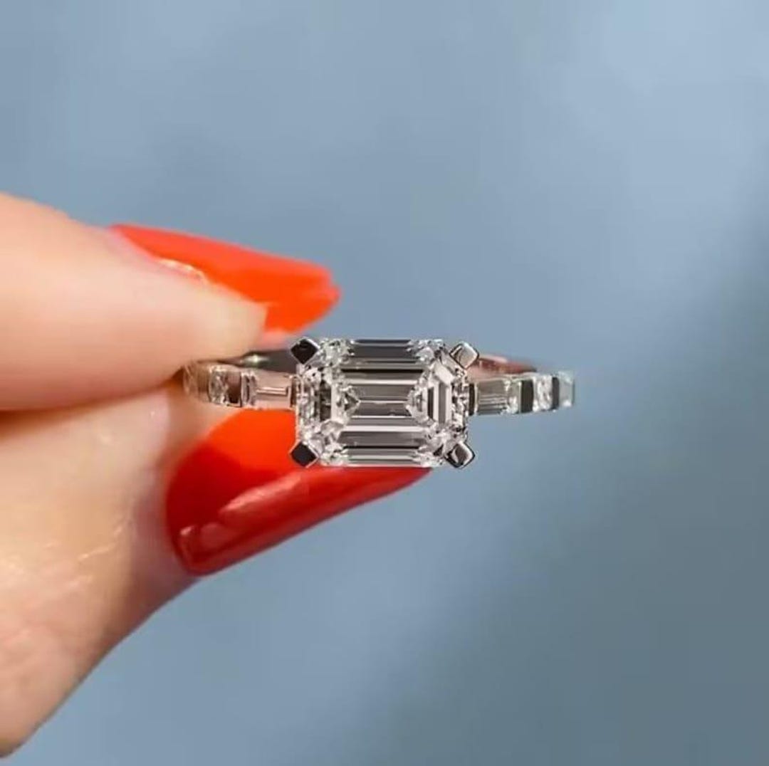 2.5 CT East West Emerald Cut VVS Moissanite Engagement Ring 14K Gold ...