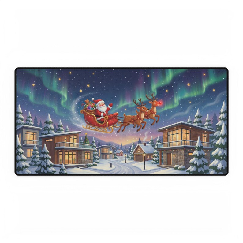 Santa Sleigh Over Snowy Village Desk Mat | Christmas Aurora Mousepad - Etsy