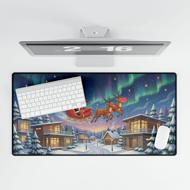 Santa Sleigh Over Snowy Village Desk Mat | Christmas Aurora Mousepad - Etsy