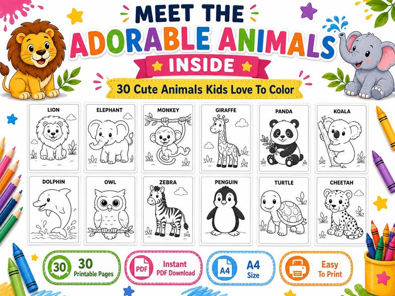 Animal Coloring Book for Kids | 30 Printable Pages, Learn Names (PDF ...