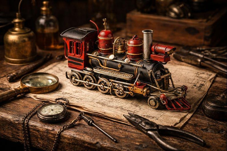 Vintage Metal Steam Locomotive Model, Industrial Desk Accent ...