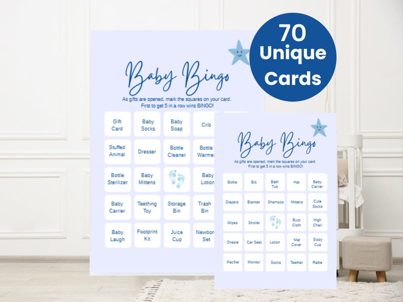 Baby Boy Bingo Cards Bundle, 70 Minimalist Prefilled Baby Bingo Cards ...