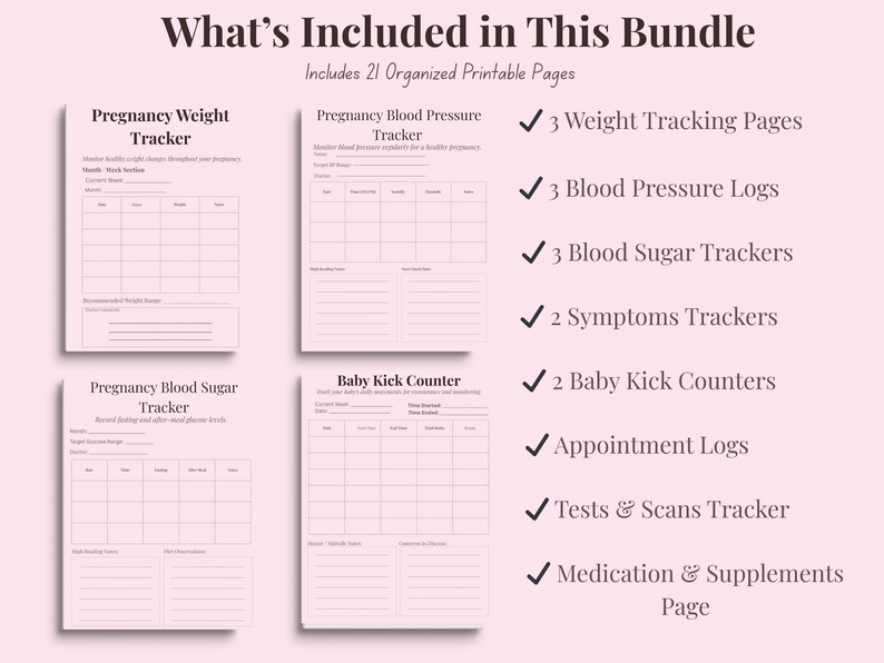 Pregnancy Health Tracker Printable Bundle, 21 Page Prenatal Planner PDF ...