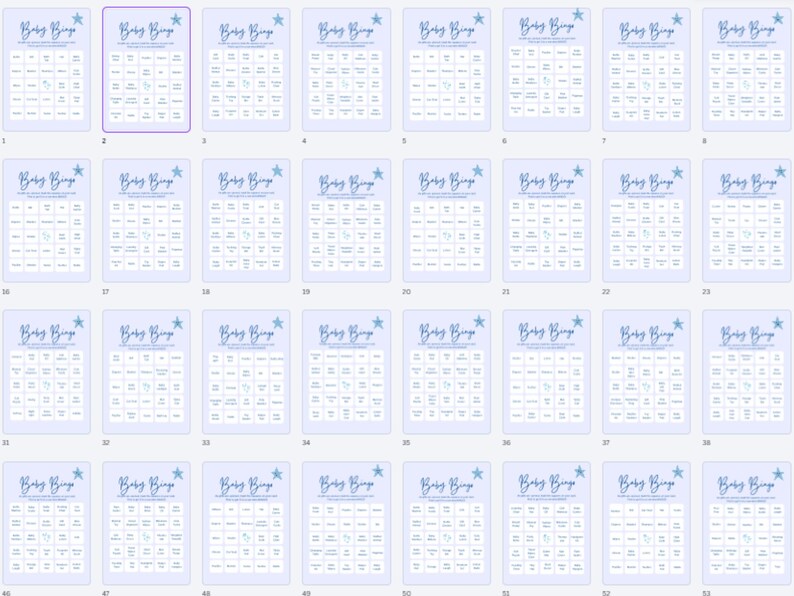 Baby Boy Bingo Cards Bundle, 70 Minimalist Prefilled Baby Bingo Cards ...