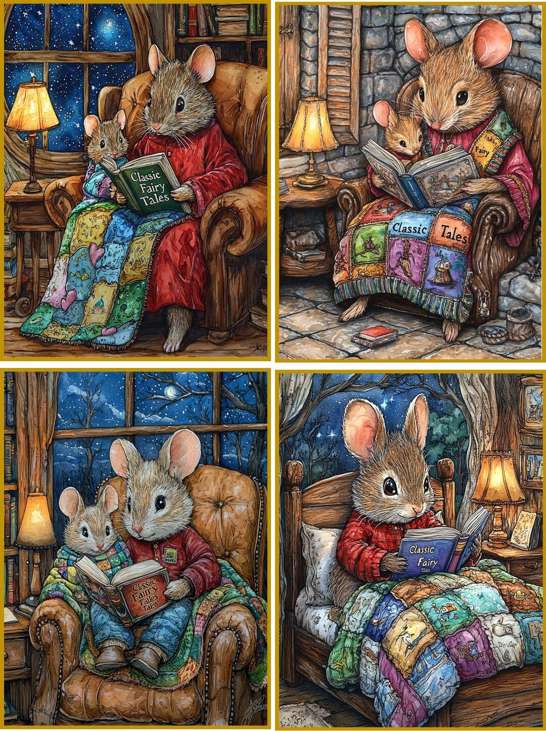 8 Mice Mouse Whimsical Fantasy Vintage Reading Books Fold Out Glossy ...