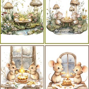 8 Mice Mouse Tea Party Vintage Fantasy Fairy Tale Blank Glossy Fold Out ...