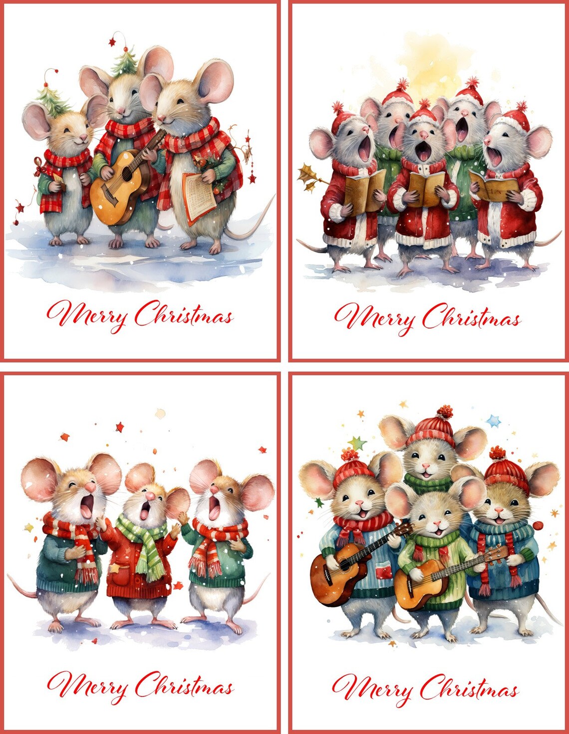 8 Christmas Musical Mice Mouse Glossy Blank Christmas Cards With Red ...