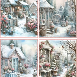8 Christmas Shabby Chic Winter Scene Pink Christmas Cards Glossy Blank ...