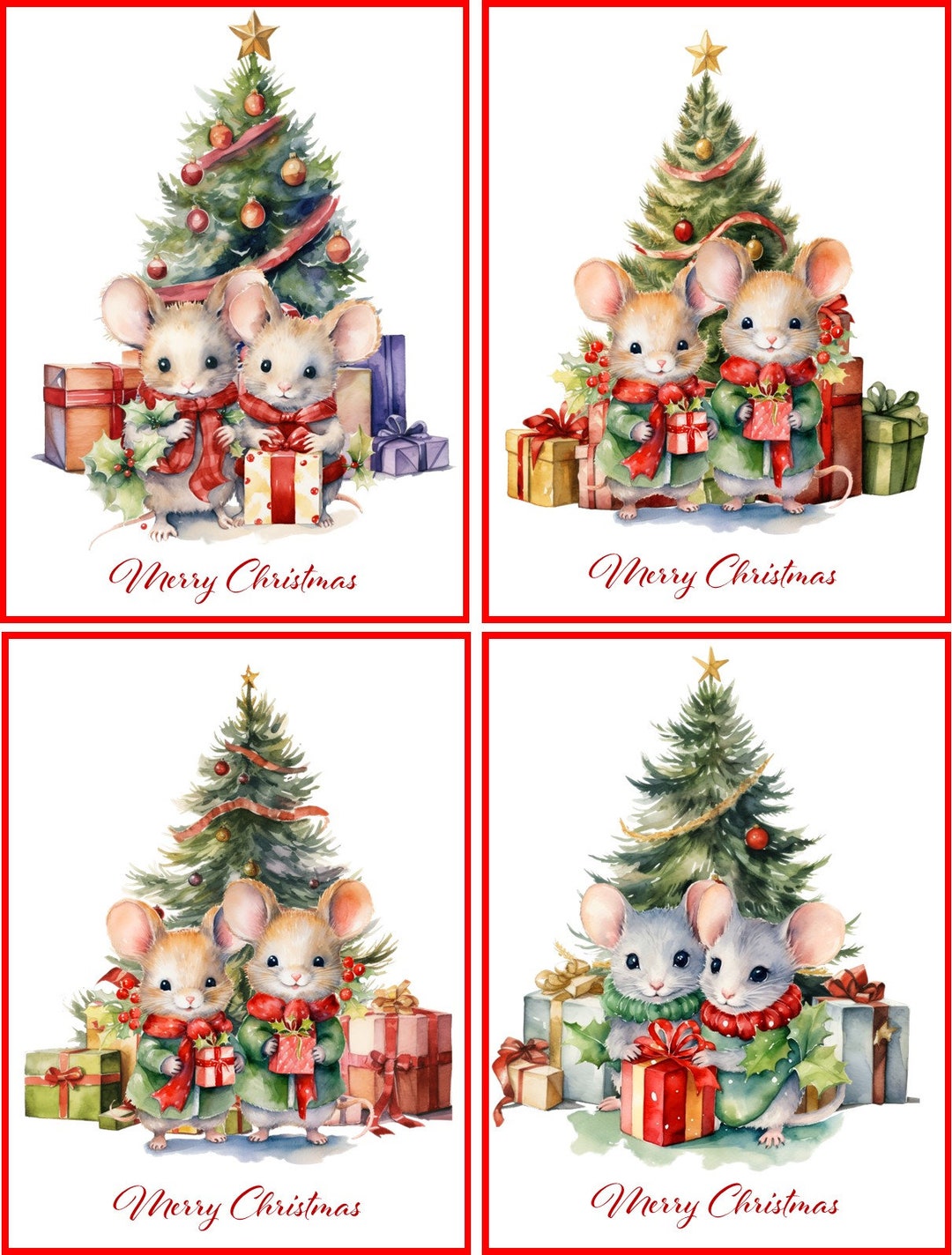8 Christmas Little Mice Christmas Tree Cards Blank Inside Glossy Red ...