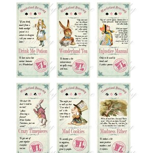 Alice in Wonderland 6 Labels Stickers Party Decoration Glossy Laminated ...