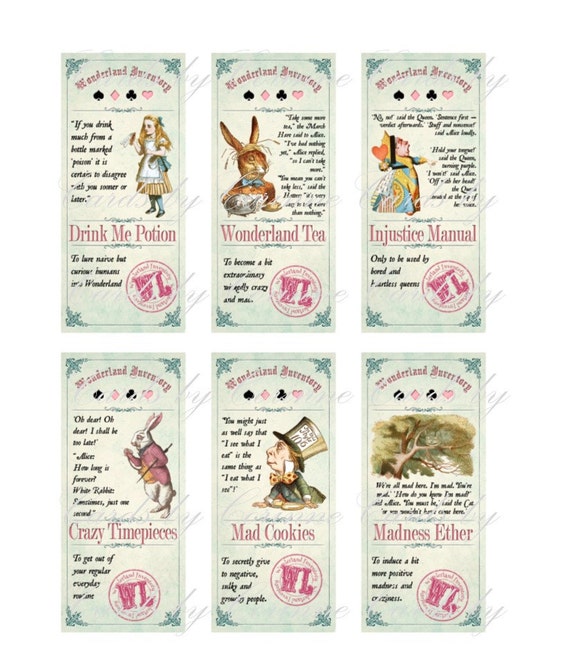 Alice in Wonderland 6 labels stickers party decoration glossy | Etsy