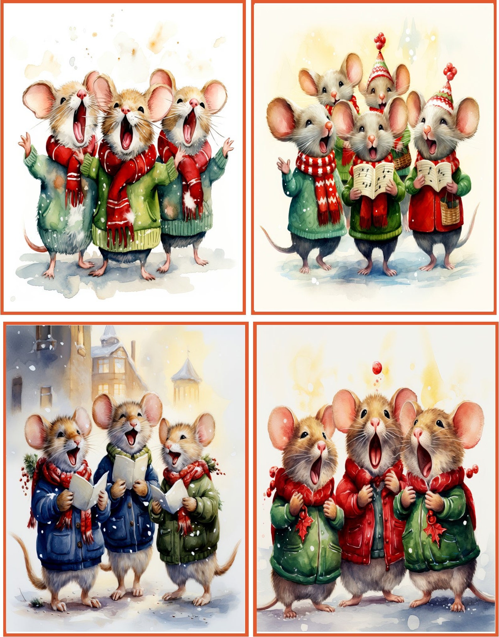 Christmas Holiday Singing Musical Mice Mouse 8 Glossy Blank Cards Red ...