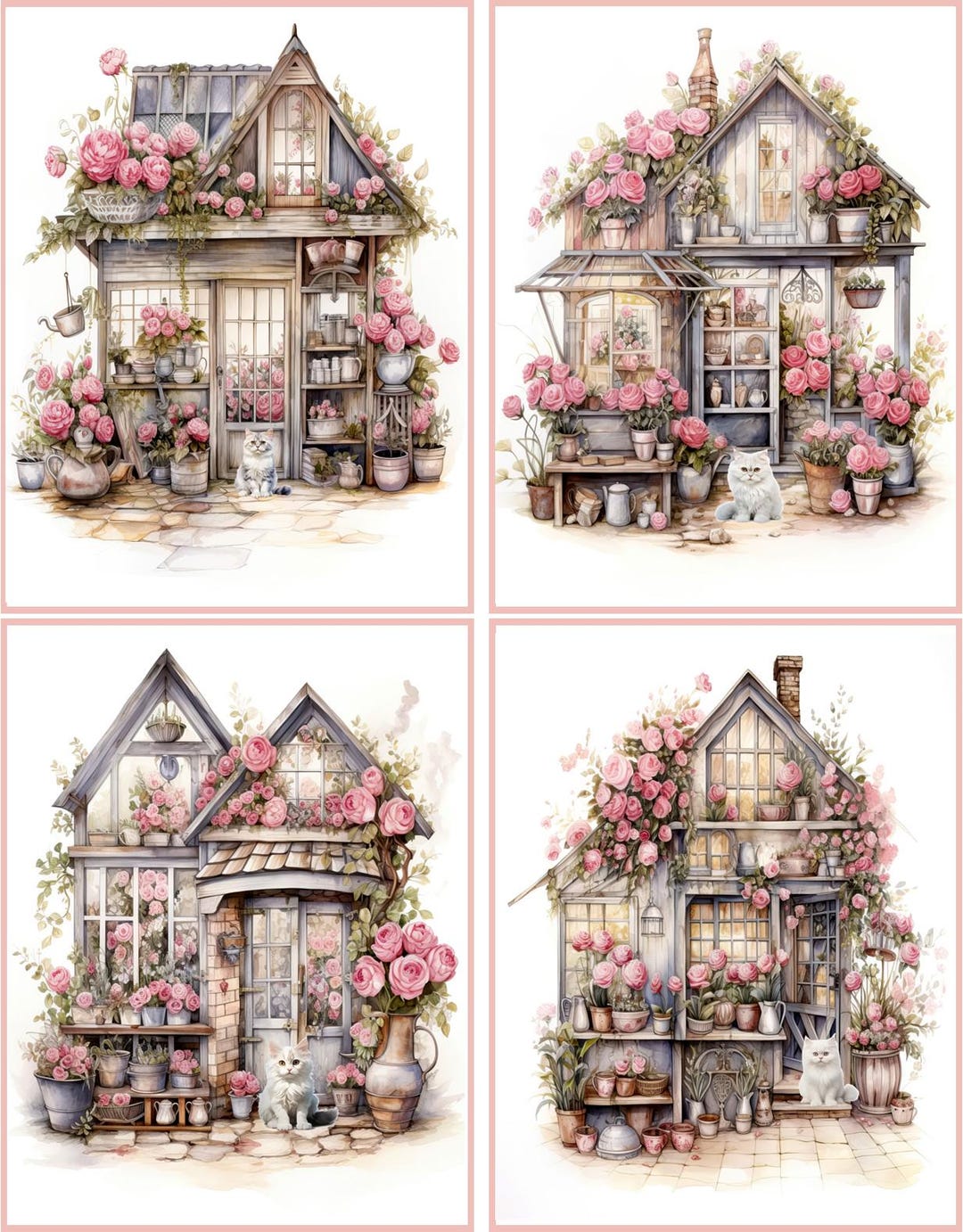 8 Cottages With Pink Roses and Cat Shabby Chic Vintage Fantasy Fold Out ...