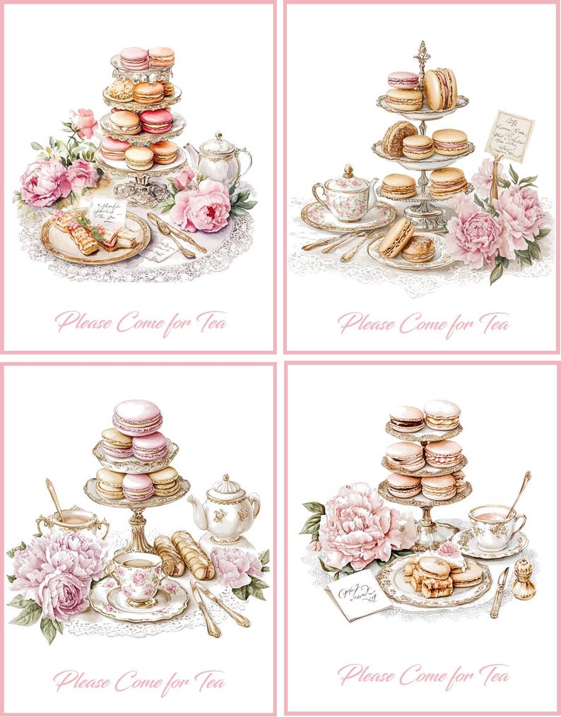8 Tea Party Invitations Vintage Victorian Pink Tea Pots Tea Cups Glossy ...