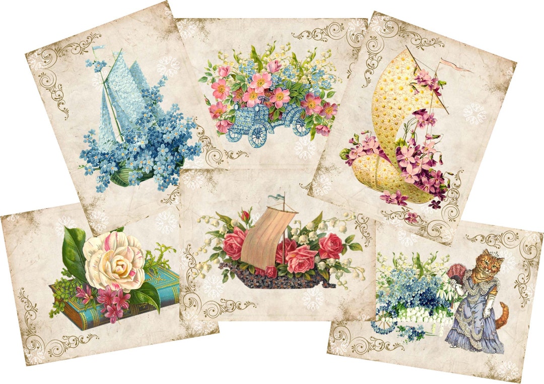 8 Vintage Images Note Cards Blank Inside Flowers Glossy Ivory Card ...