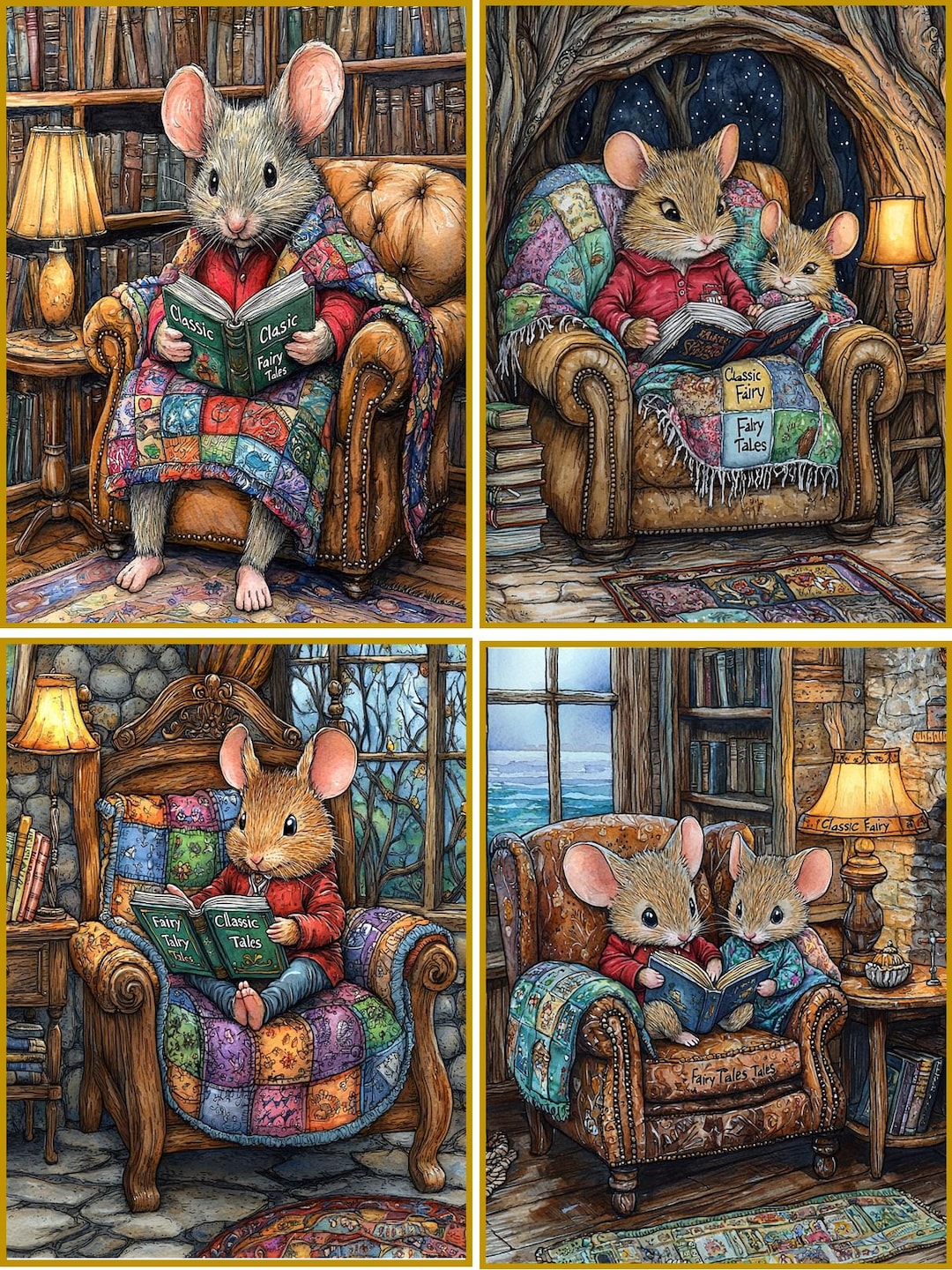 8 Mice Mouse Fantasy Whimsical Vintage Reading Books Fold Out Blank ...