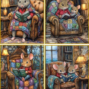 8 Mice Mouse Fantasy Whimsical Vintage Reading Books Fold Out Blank ...