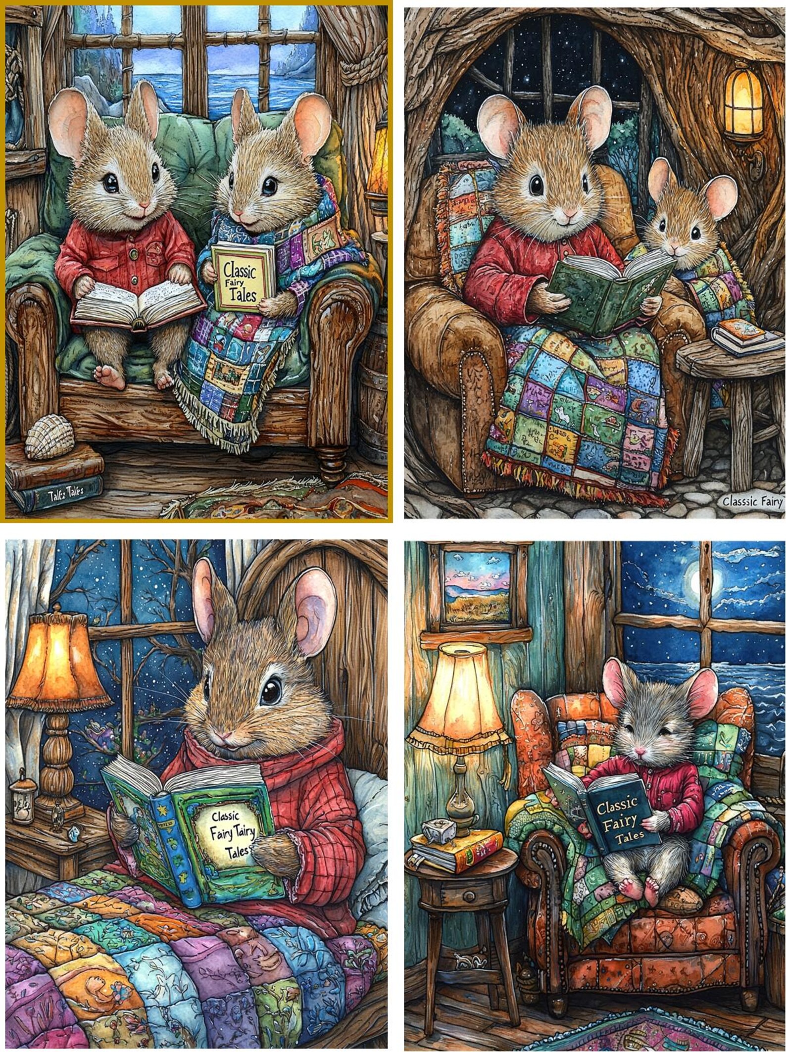 8 Mice Mouse Whimsical Fantasy Vintage Reading Books Fold Out Glossy ...