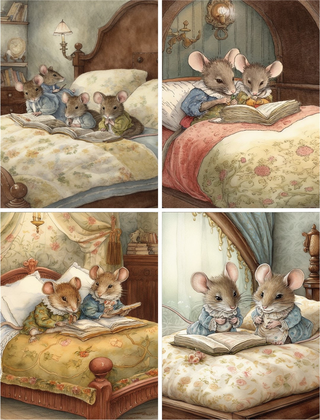 Mice Mouse Book Reading Vintage Victorian 8 Glossy Blank Note Cards ...