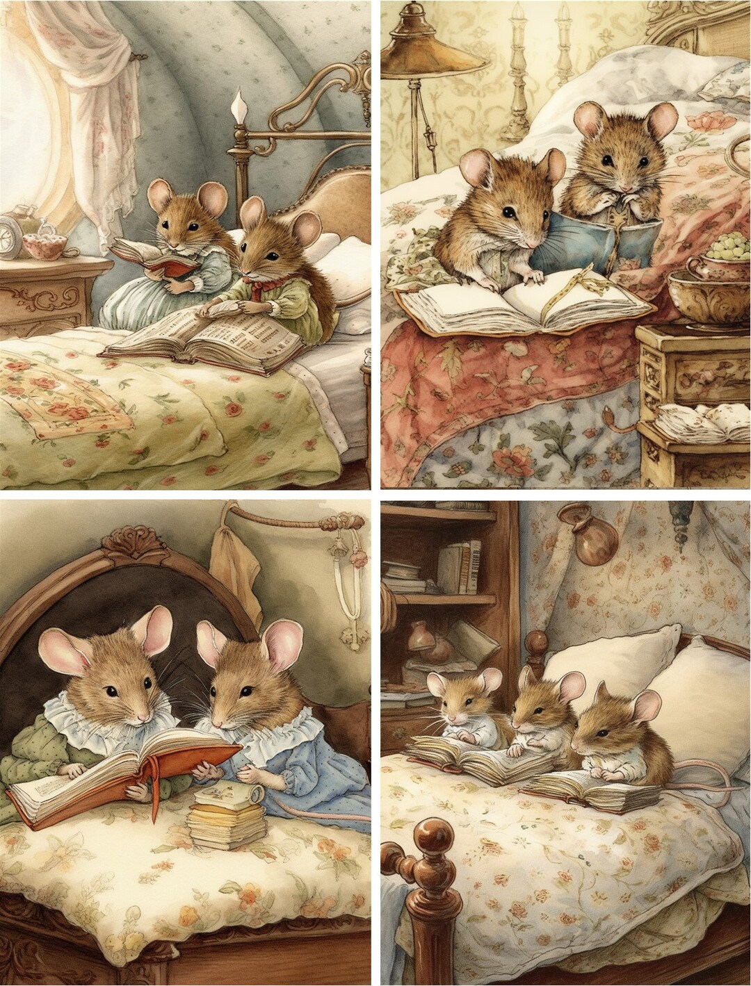 Mice Mouse Reading Books Vintage Victorian 8 Glossy Blank Cards ...