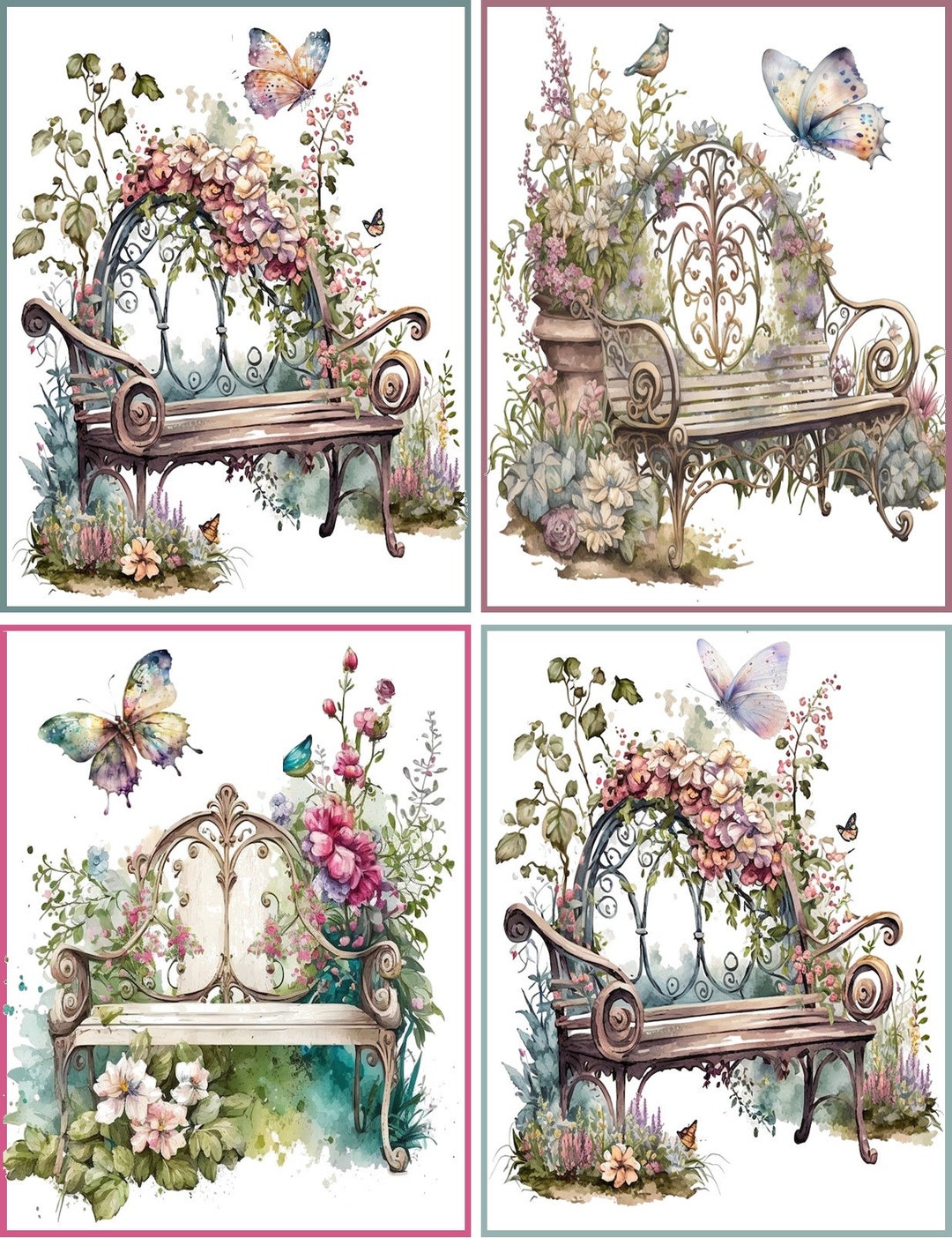 8 Vintage Victorian Garden Benches Flowers Butterflies Watercolor ...
