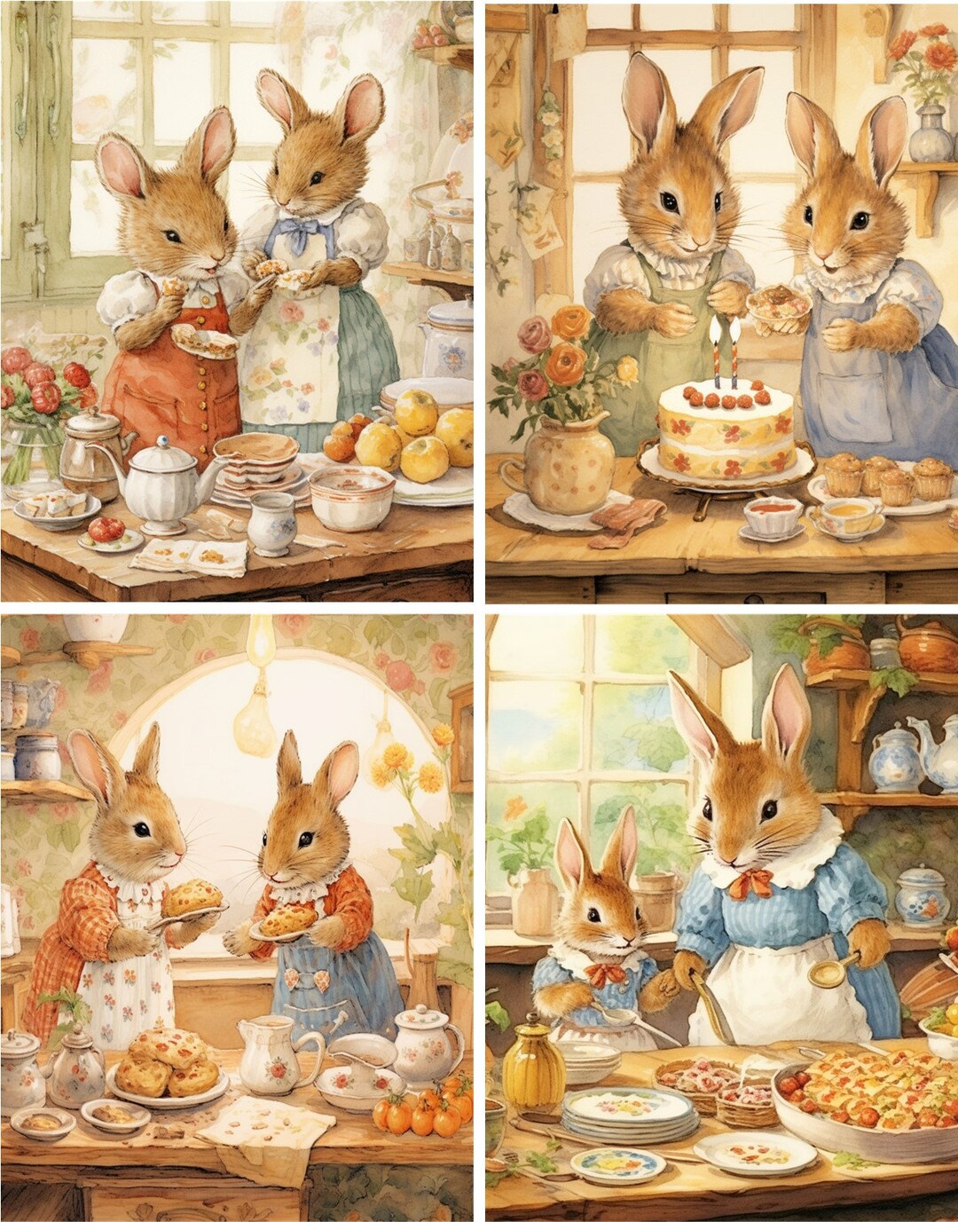 Bunny Rabbit Vintage Victorian Kitchen Cooking 8 Watercolor Glossy ...