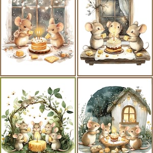 8 Mice Mouse Tea Party Vintage Fantasy Fairy Tale Blank Glossy Fold Out ...