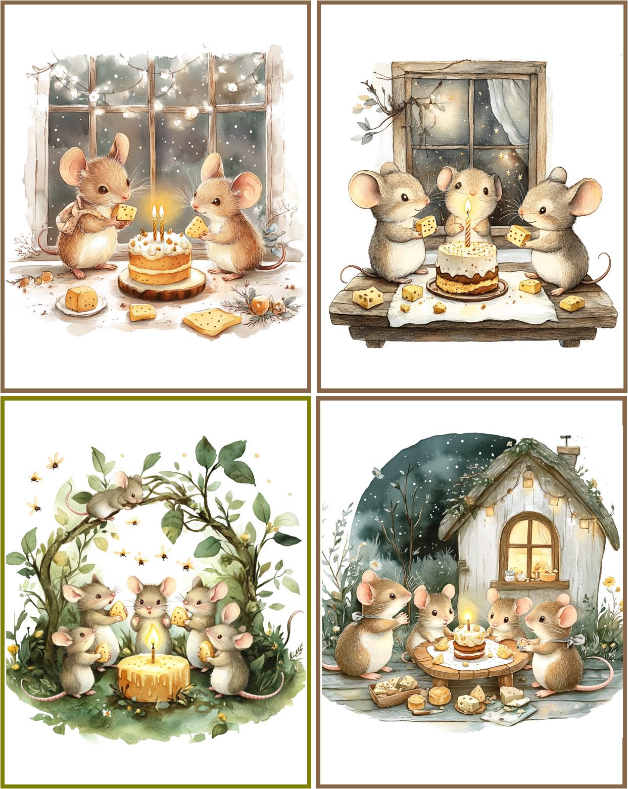 8 Mice Mouse Tea Party Vintage Fantasy Fairy Tale Blank Glossy Fold Out ...