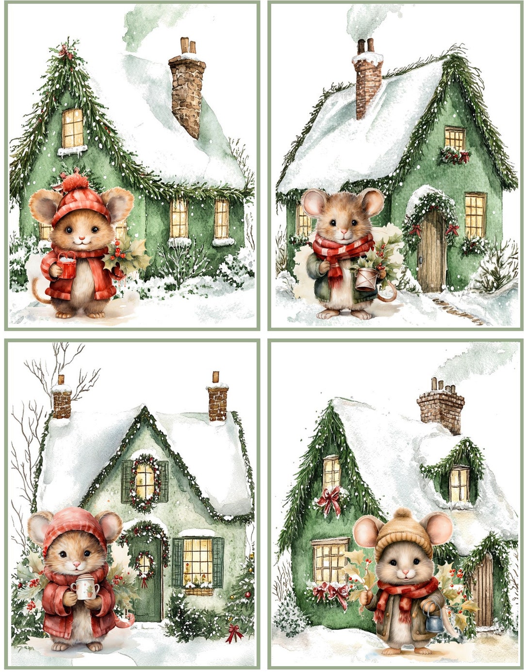 8 Christmas Mouse Mice House Glossy Blank Christmas Cards Red Envelopes ...