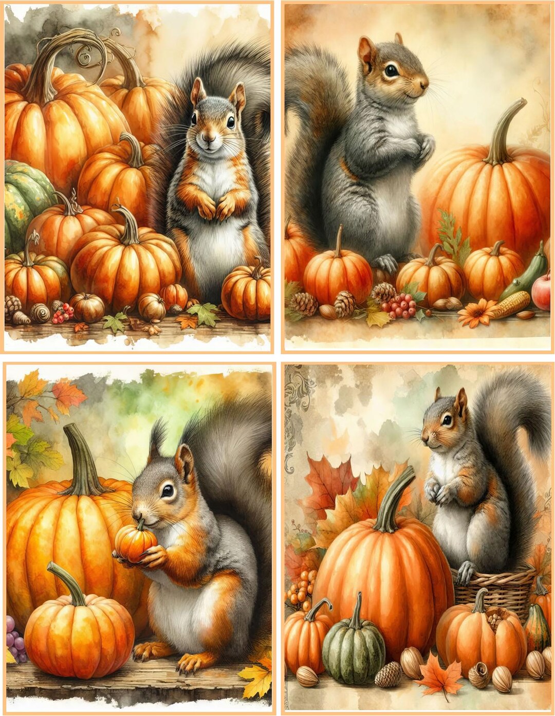 8 Assorted Fall Autumn Squirrel Pumpkins Fantasy Glossy Blank Fold Out ...
