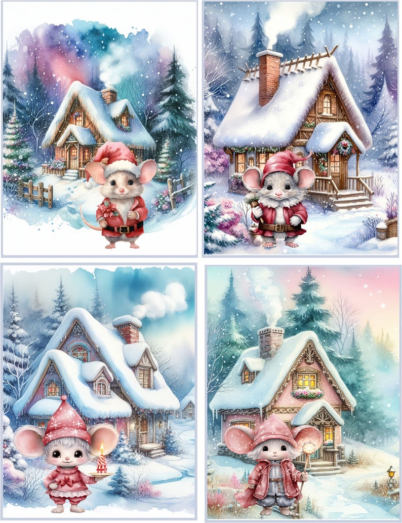 8 Christmas Shabby Chic Mouse Mice House Christmas Card Glossy Blank ...