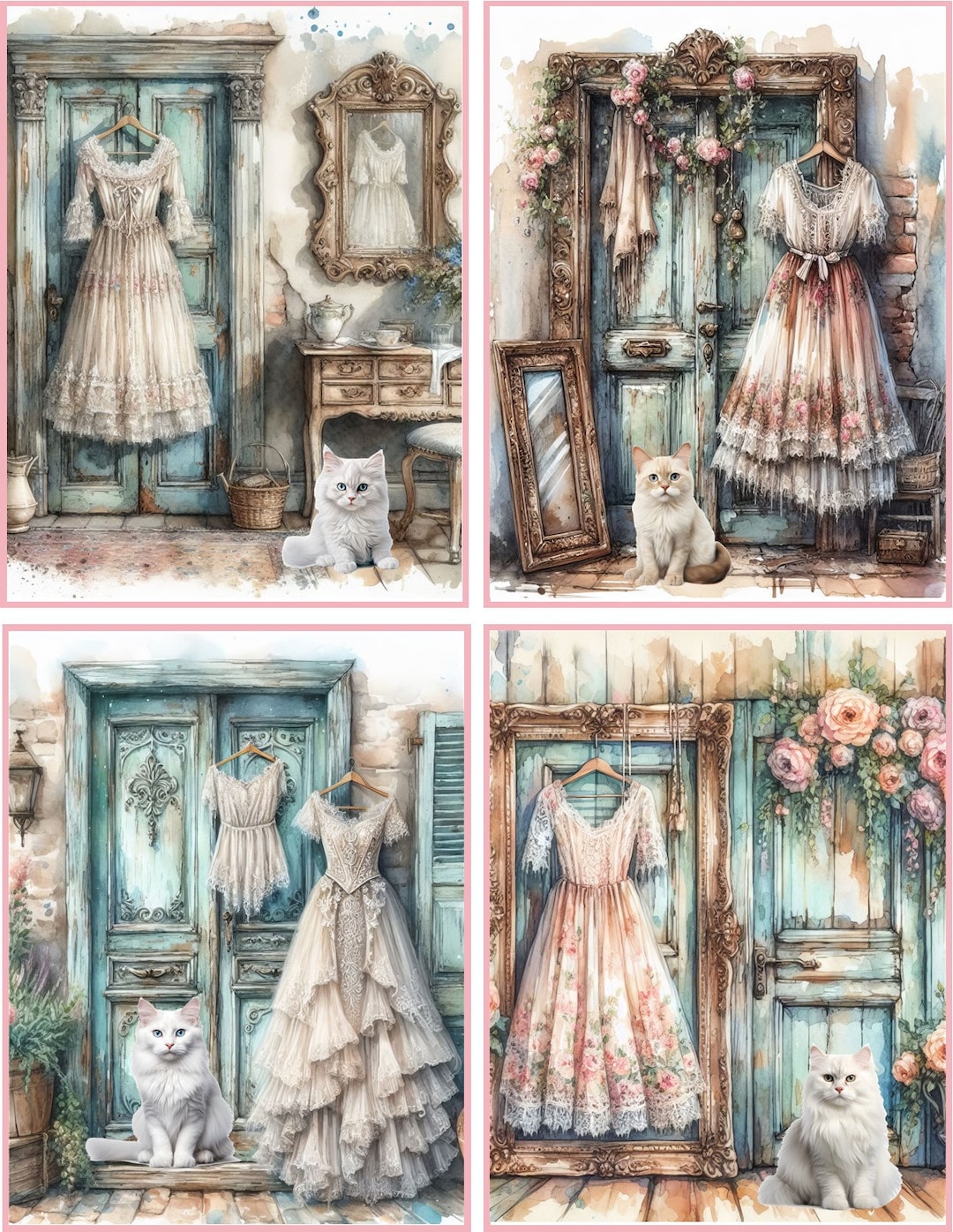 8 Victorian Vintage Shabby Chic Cat Dress Door Glossy Blank Note Cards ...