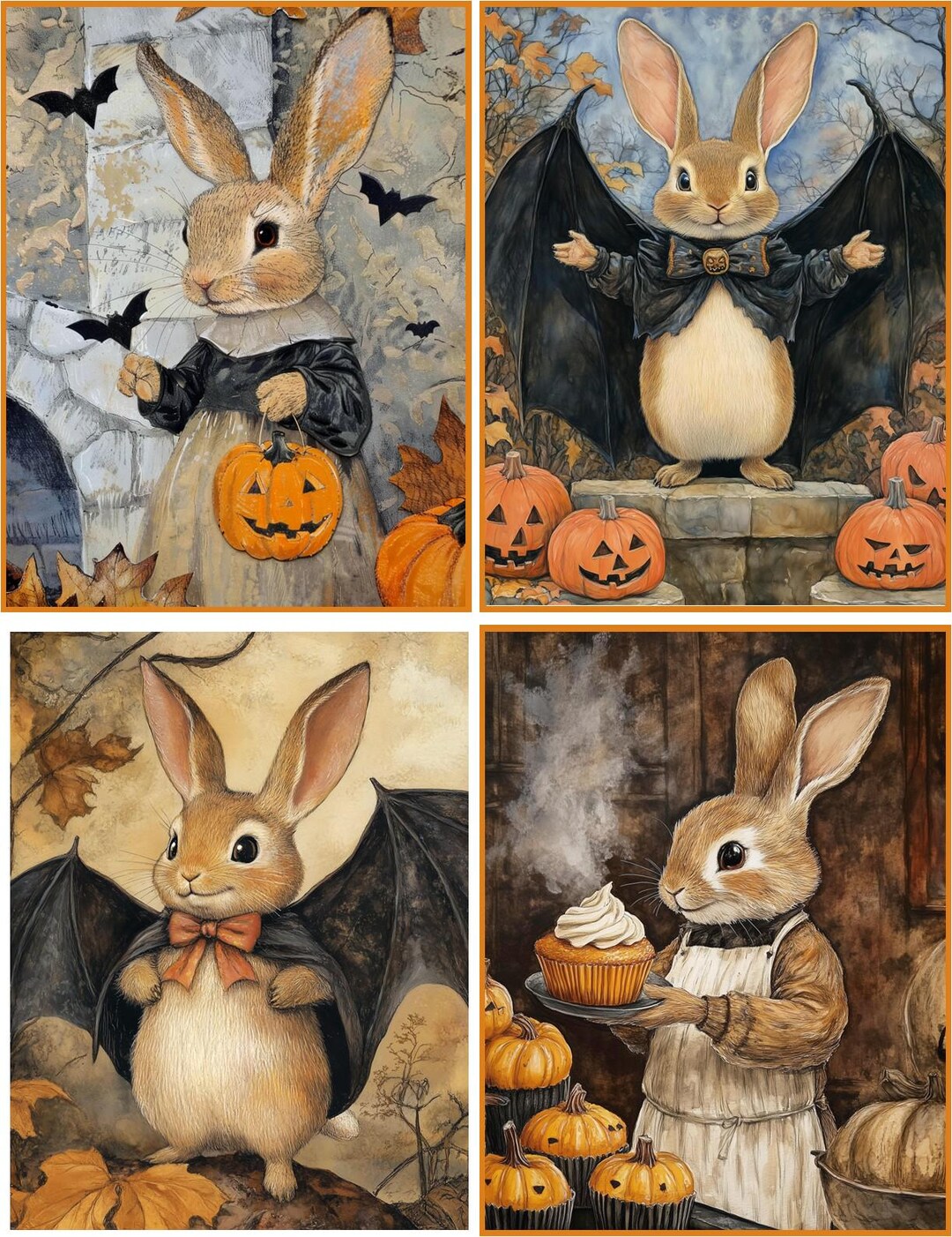 8 Halloween Peter Rabbit Vintage Fall Autumn Pumpkins Bats Black Cat ...
