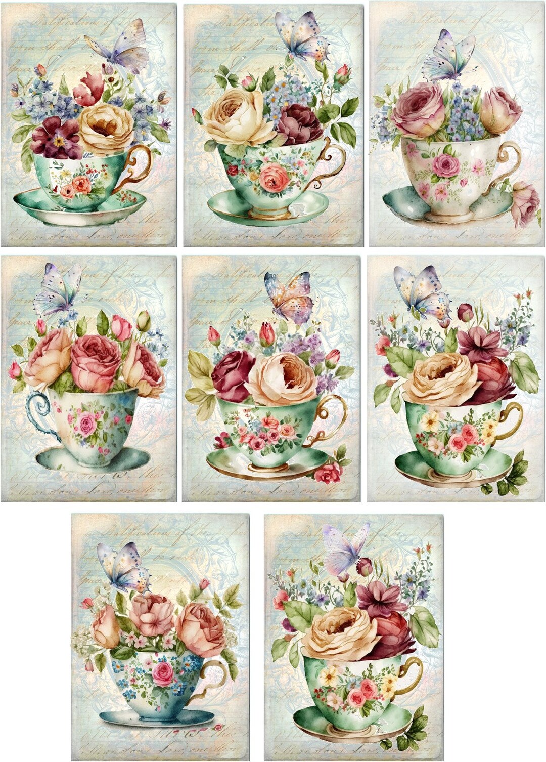 8 ATC Tea Cups Shabby Chic Small Insert Blank Fold Out Note Card ...