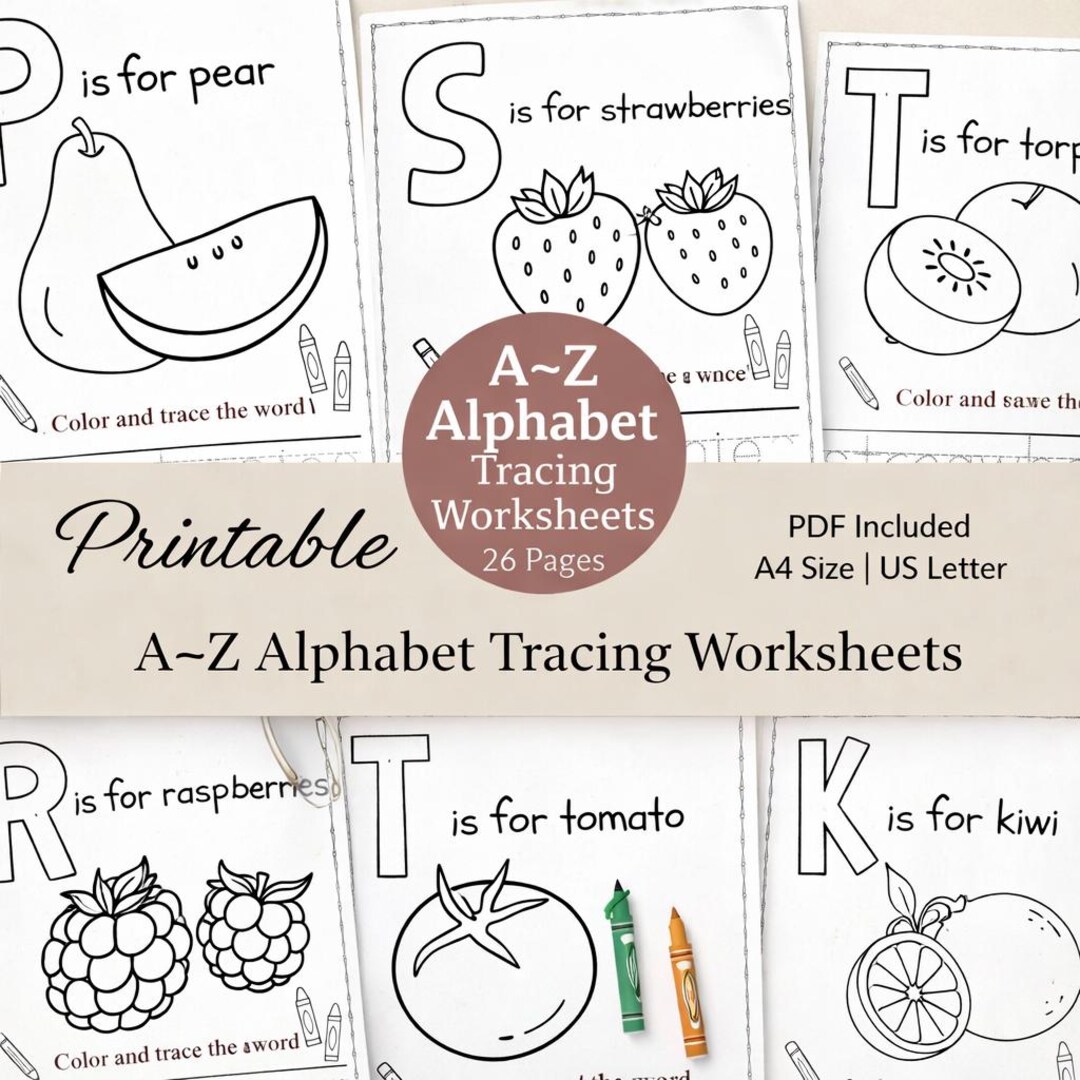 A-Z Fruit Alphabet Tracing Worksheets for Preschoolers (26 Pages) - Etsy
