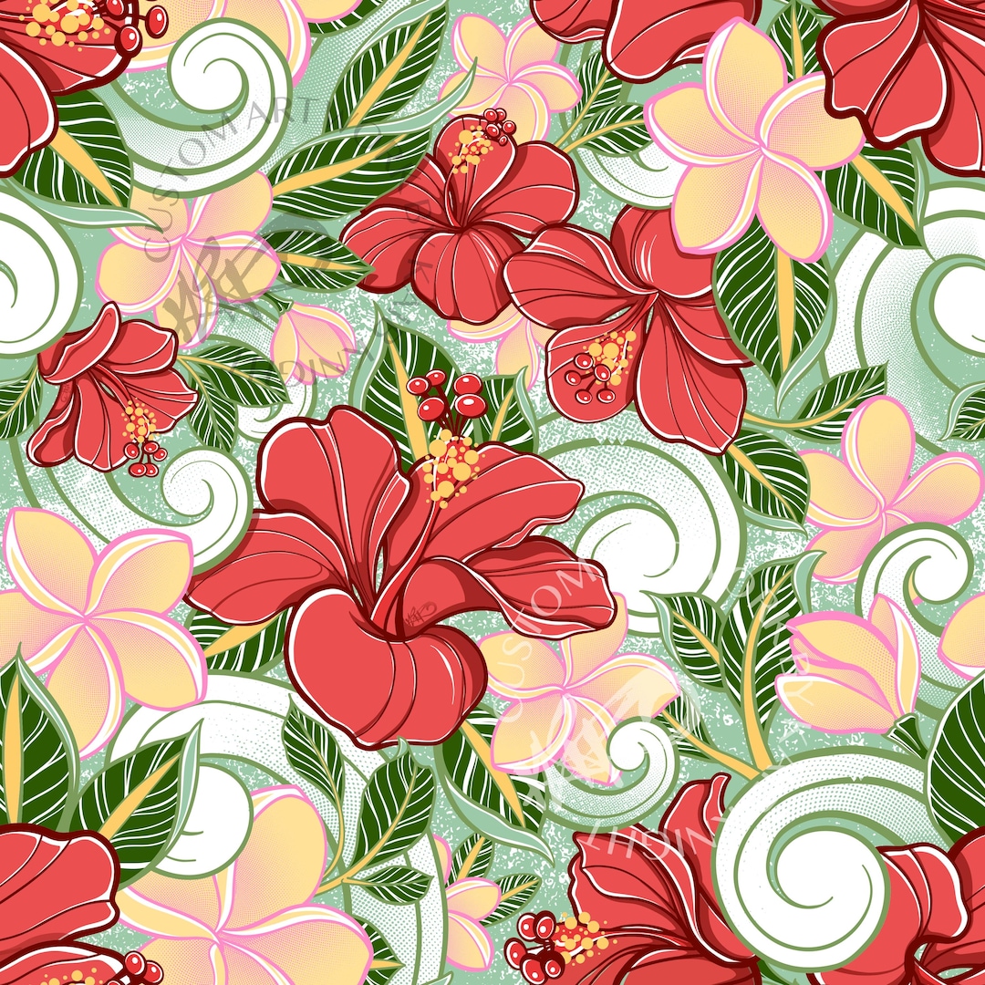 PNG Hawaiian Christmas Pattern | Tropical Hibiscus & Plumeria (digital ...
