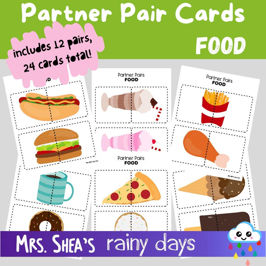 Partner Pair Cards - Food Themed - Partner Match Set - Etsy