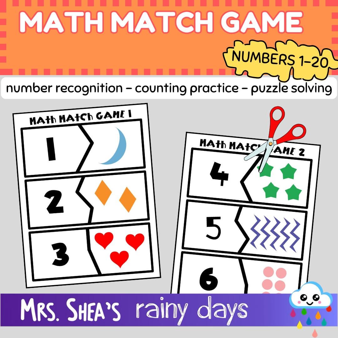 Math Match Game Numbers 1-20 - Counting - Number Recognition - Puzzle ...