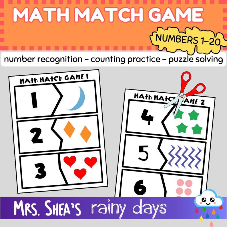 Math Match Game Numbers 1-20 - Counting - Number Recognition - Puzzle ...