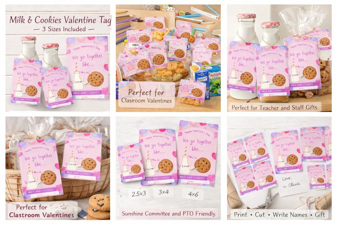 Milk and Cookies Valentine's Day Tags, Printable Gift Tags (PDF ...