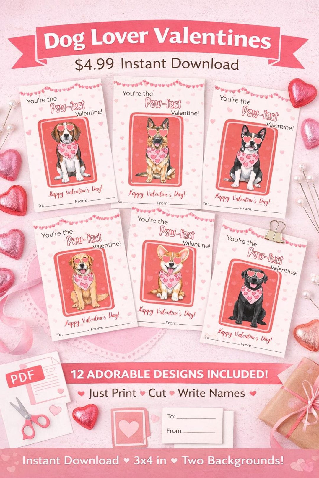 Dog Valentine Cards | Paw-fect Puppy Classroom Valentines (PDF Download ...