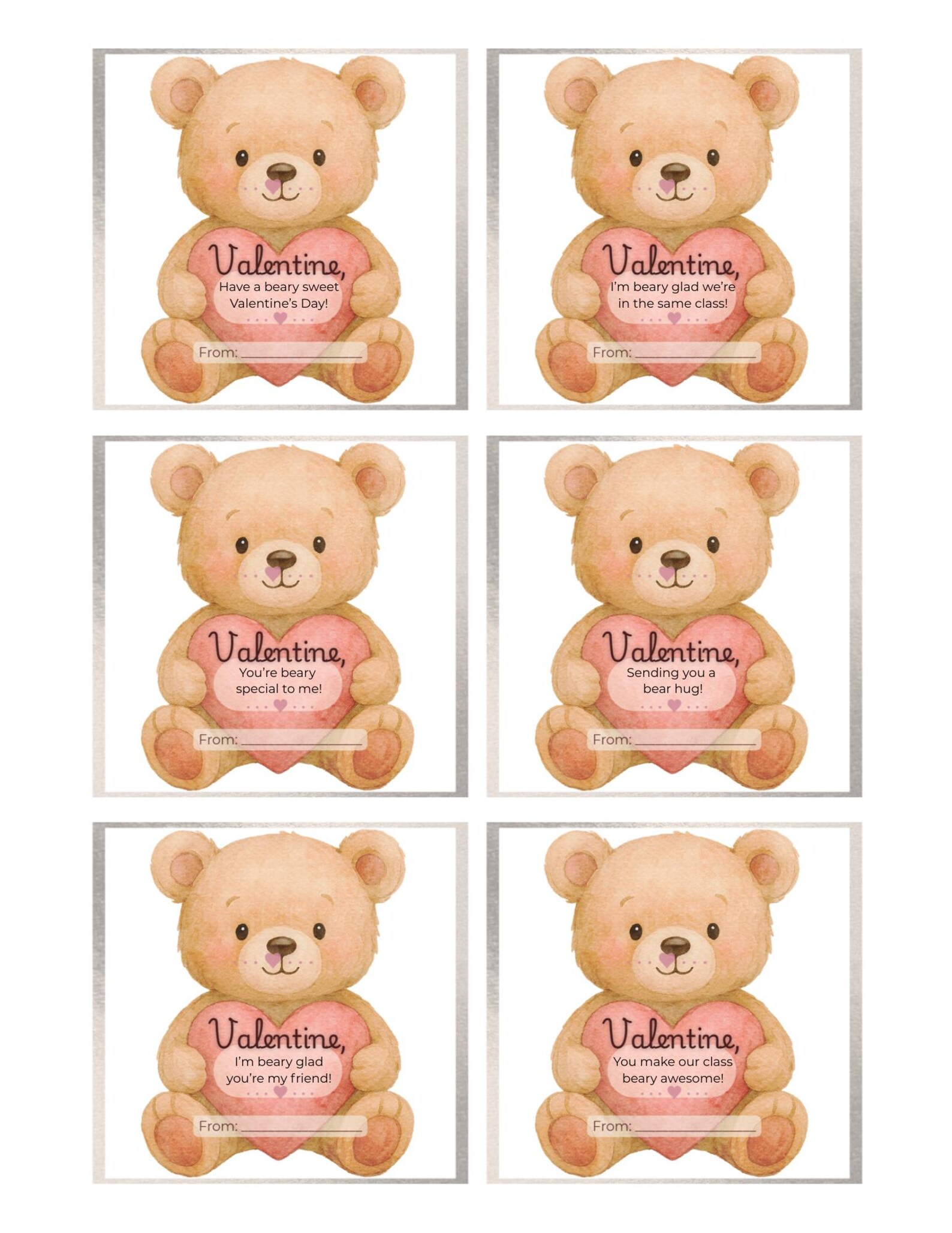 Teddy Grahams Bear Valentine Tags, Printable Classroom Valentines (PDF ...